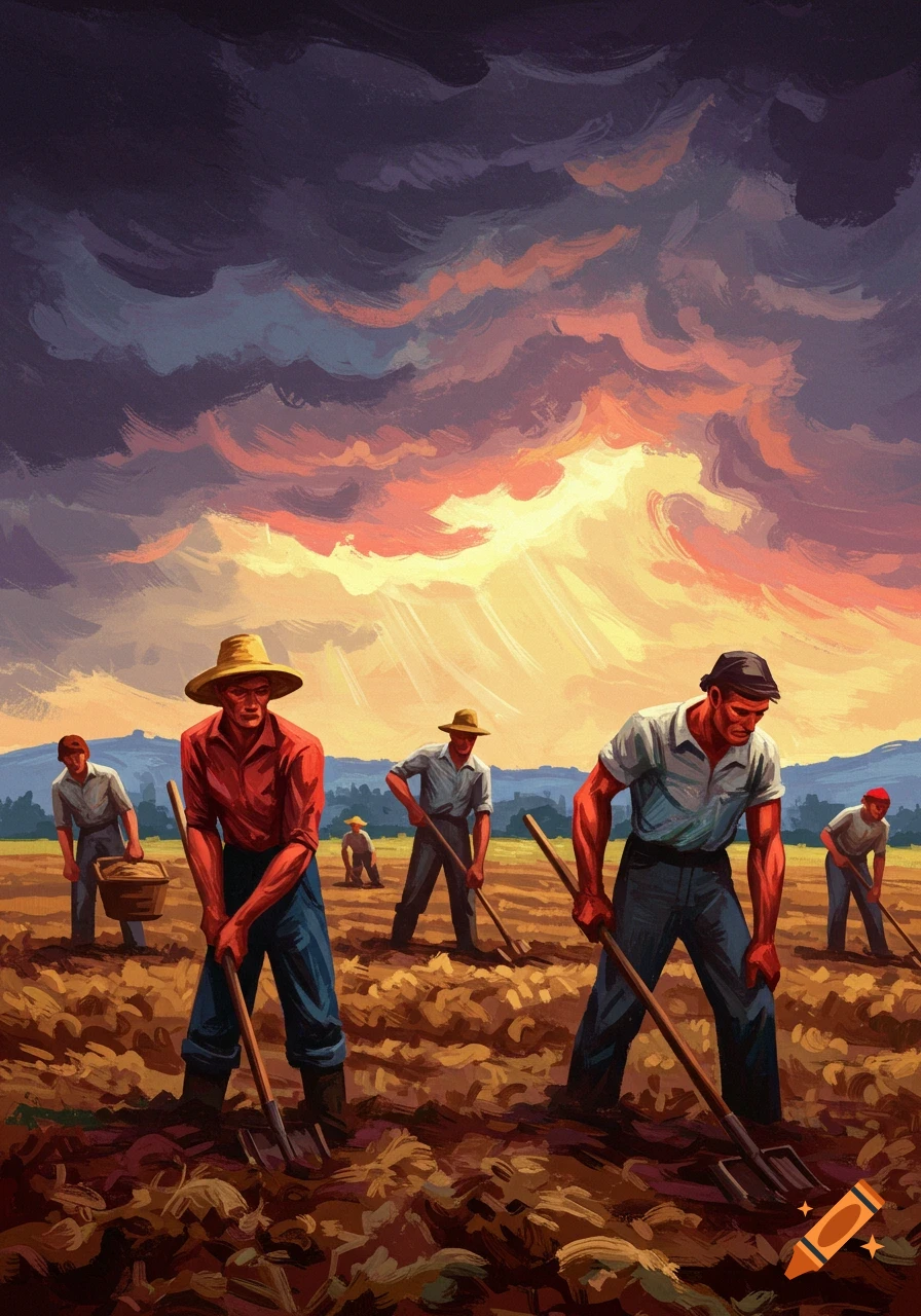 Men toil in a field under a dramatic, colorful sky, painted in a ...