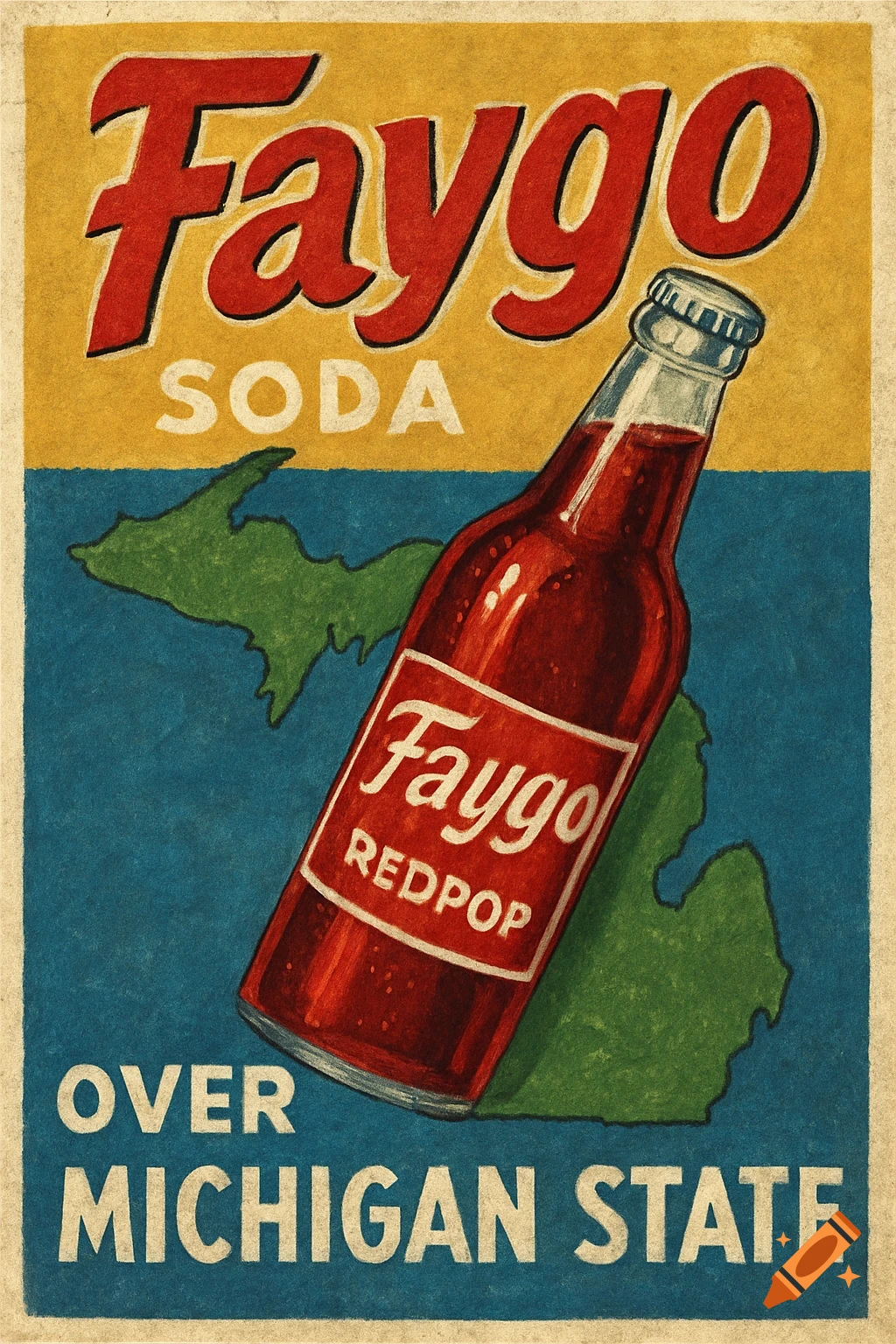 Vintage poster for Faygo soda over a map of Michigan. on Craiyon
