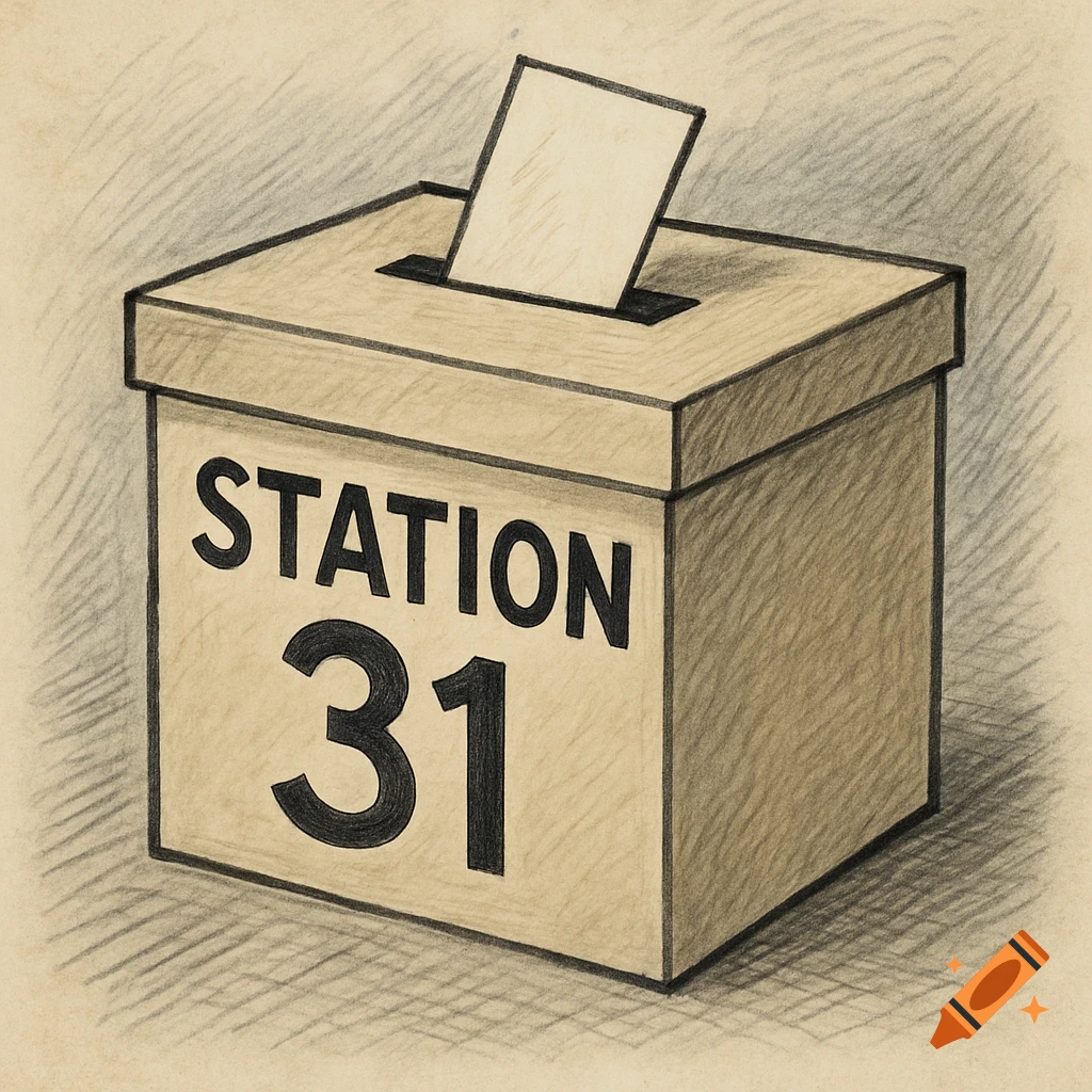 A pencil drawing of a ballot box with the text "STATION 31" on the side ...