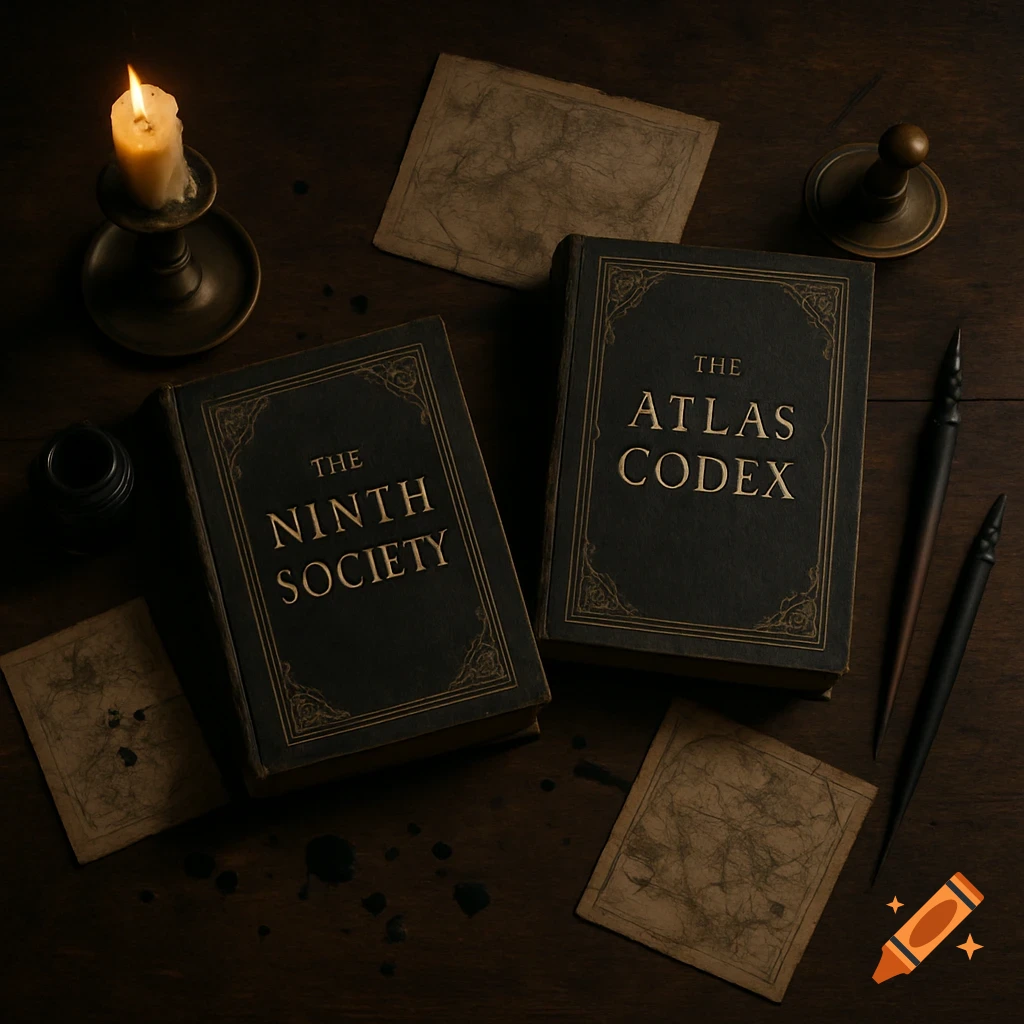 Dark academia still life with antique books titled The Ninth Society and The Atlas Codex, candle ...