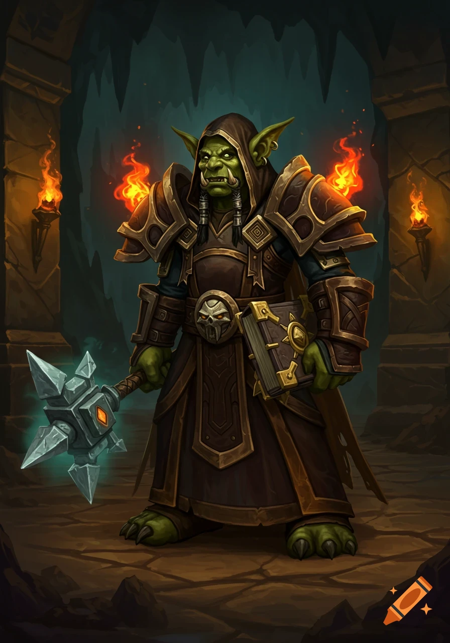 A fantasy character resembling an orc or goblin cleric stands in a dark ...