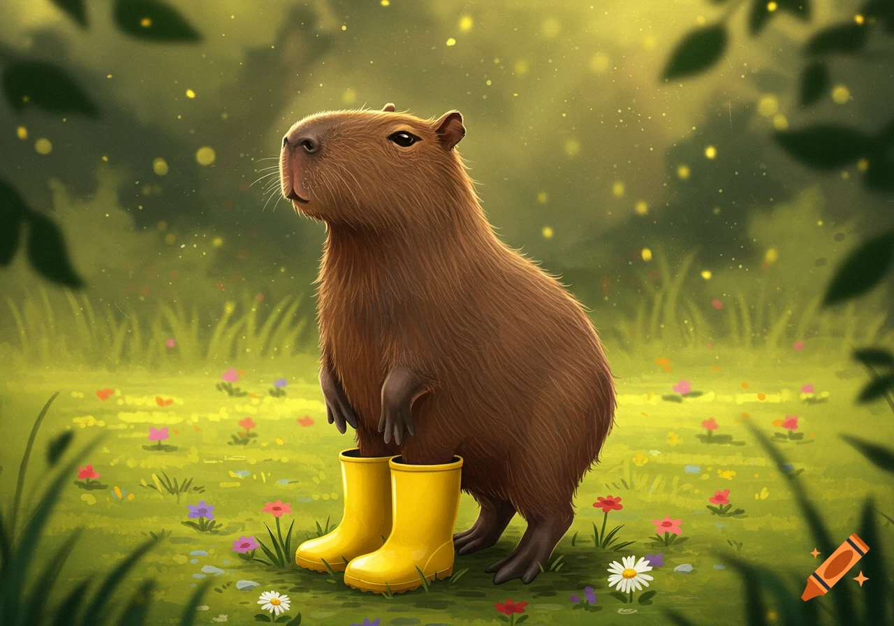Illustration of a capybara standing on two legs in yellow rain boots in ...