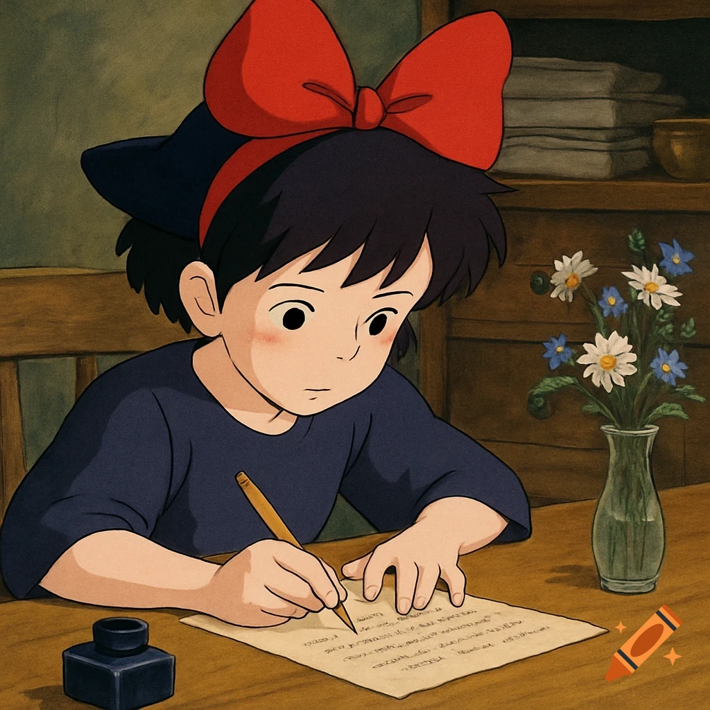 Anime character writing a letter at a wooden desk with ink bottle and ...