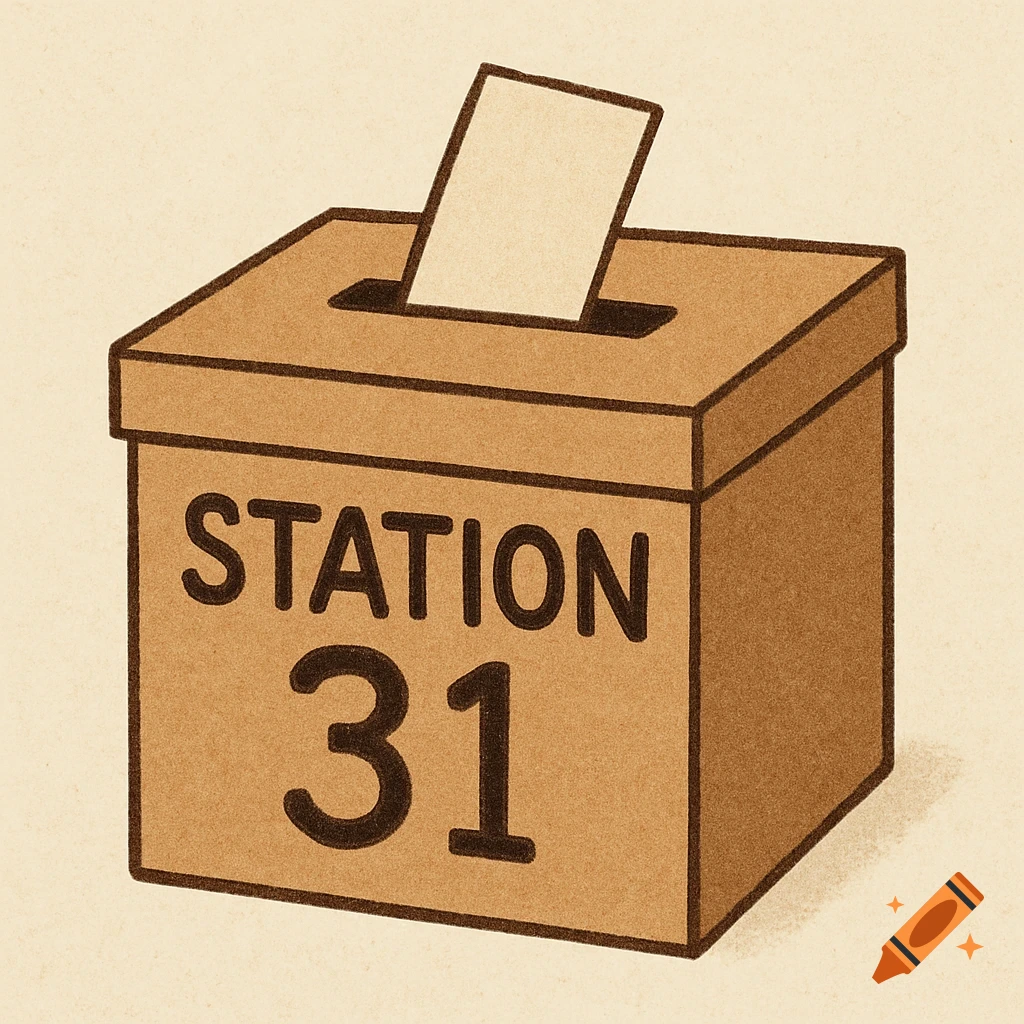 A drawing of a brown ballot box with "STATION 31" on it and a ballot ...