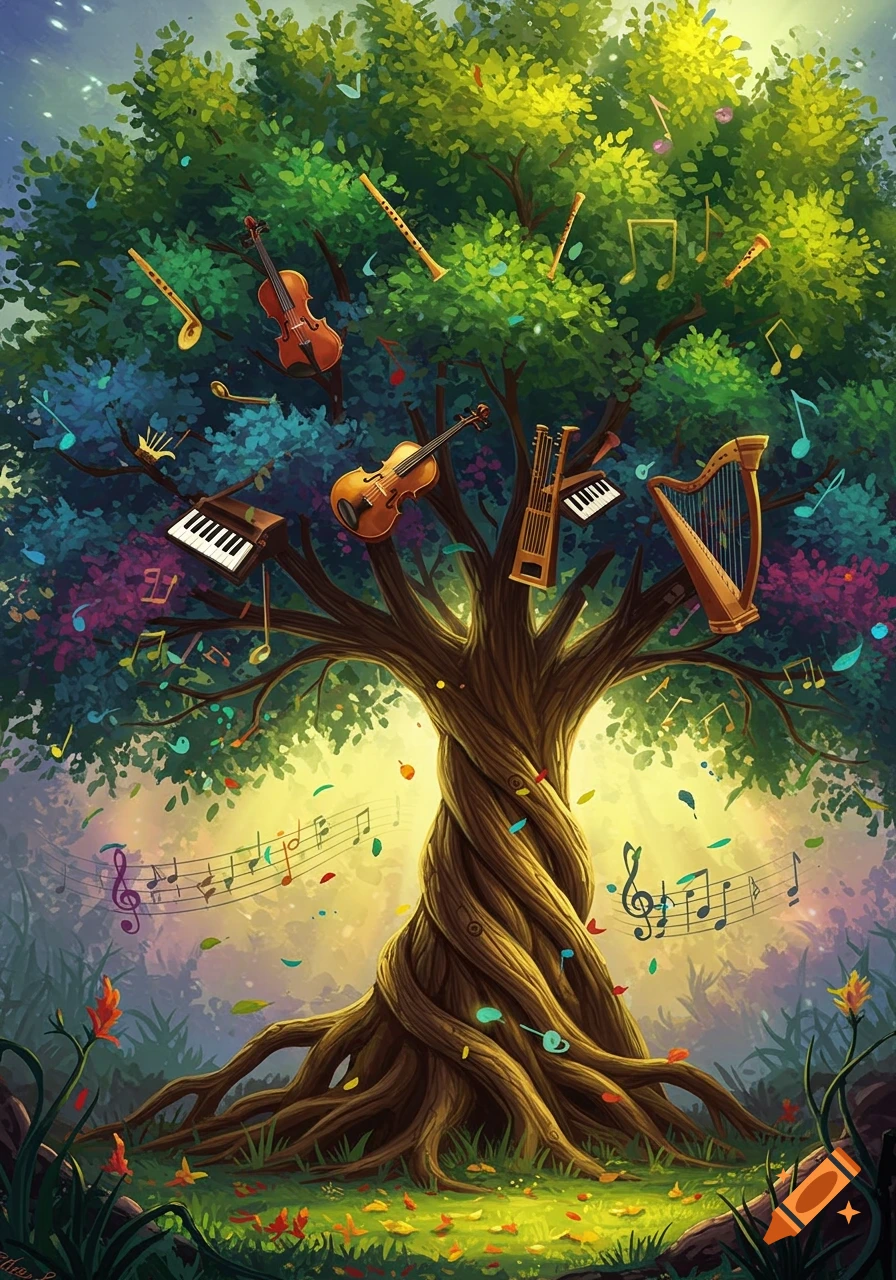 A vibrant illustration of a tree with musical instruments and notes ...