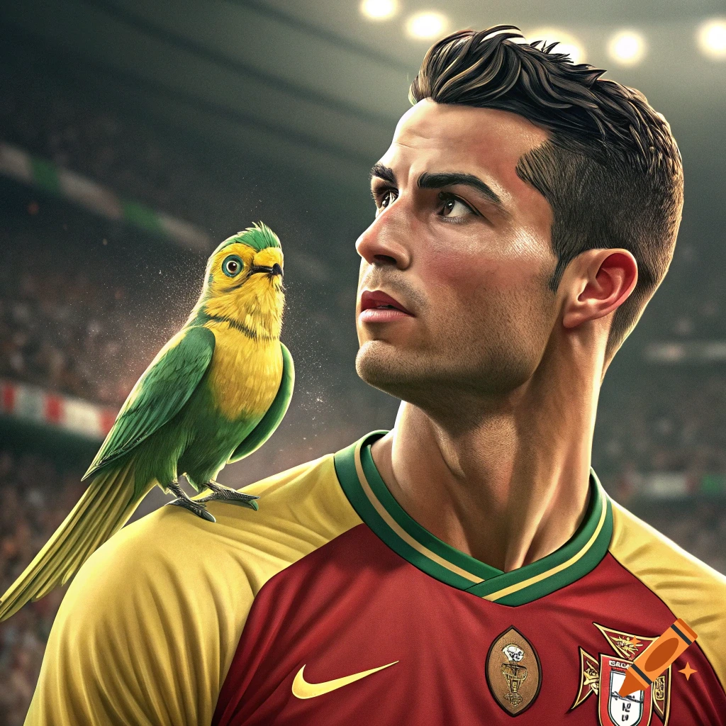 Cristiano Ronaldo in a Portugal jersey with a small green and yellow ...