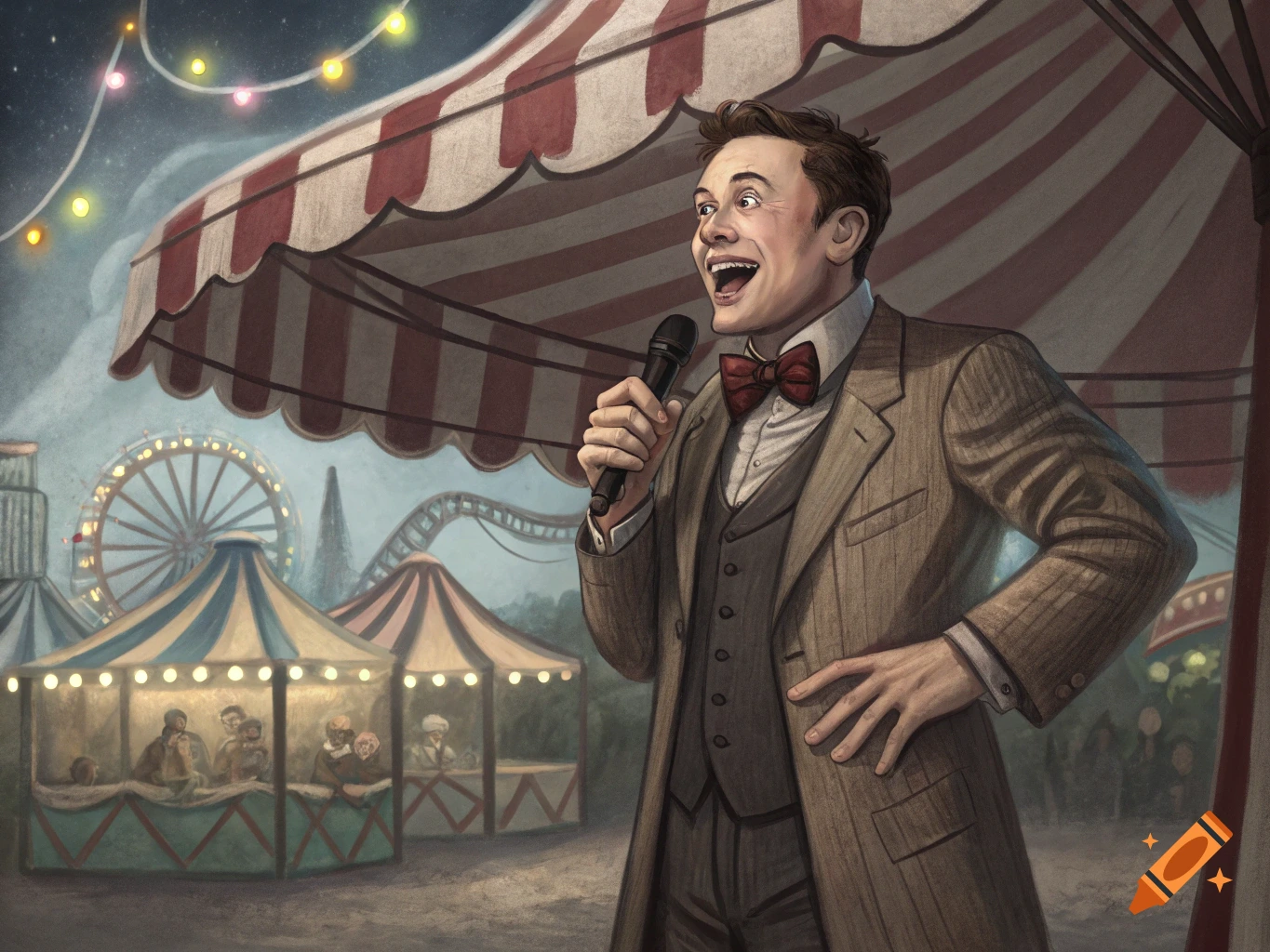 An illustration of Elon Musk as a sideshow barker speaking into a ...