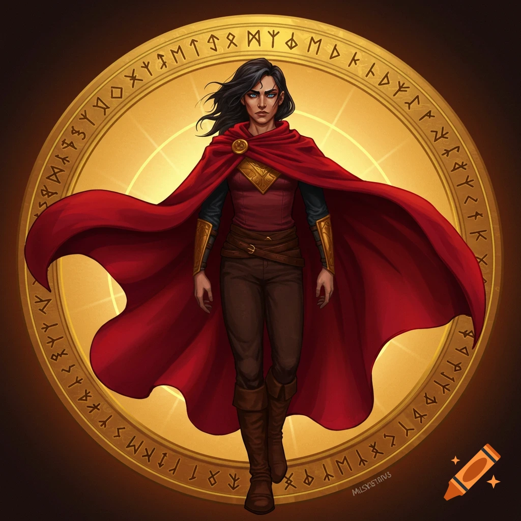 Illustration of a woman in a red cape standing in front of a golden ...