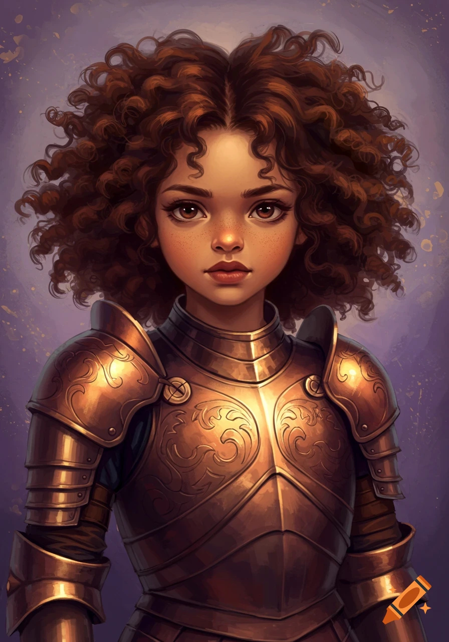 Portrait of a young girl with brown curly hair wearing ornate bronze armor in a fantasy style ...