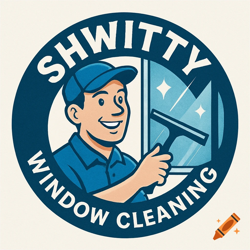 Logo illustration of a smiling man cleaning a window inside a circular ...