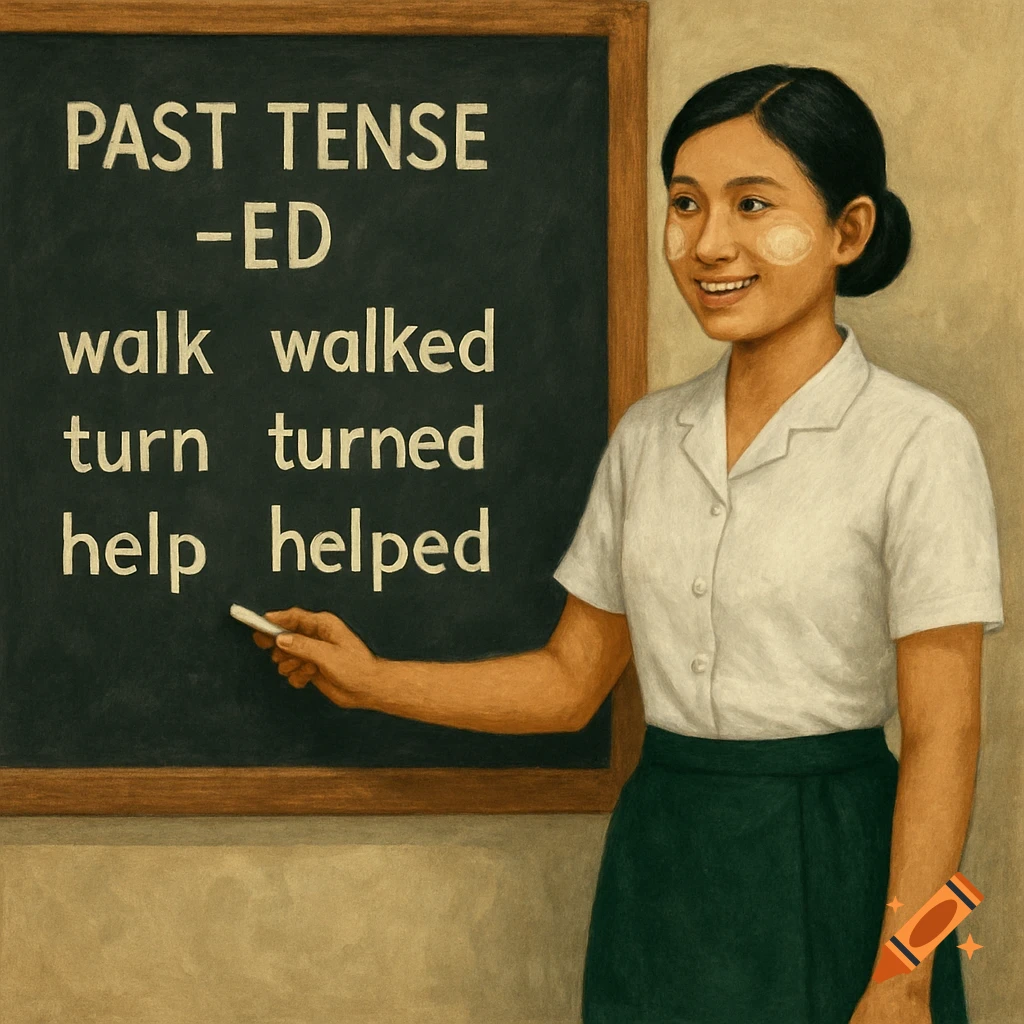 A teacher stands at a blackboard showing past tense forms of verbs. on ...