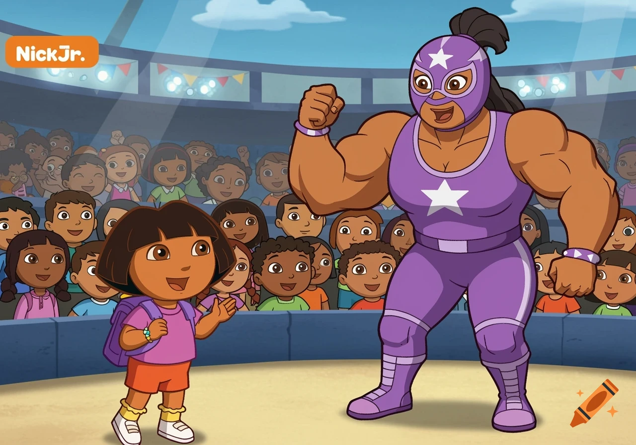 Cartoon of Dora the Explorer meeting a strong female masked wrestler in ...
