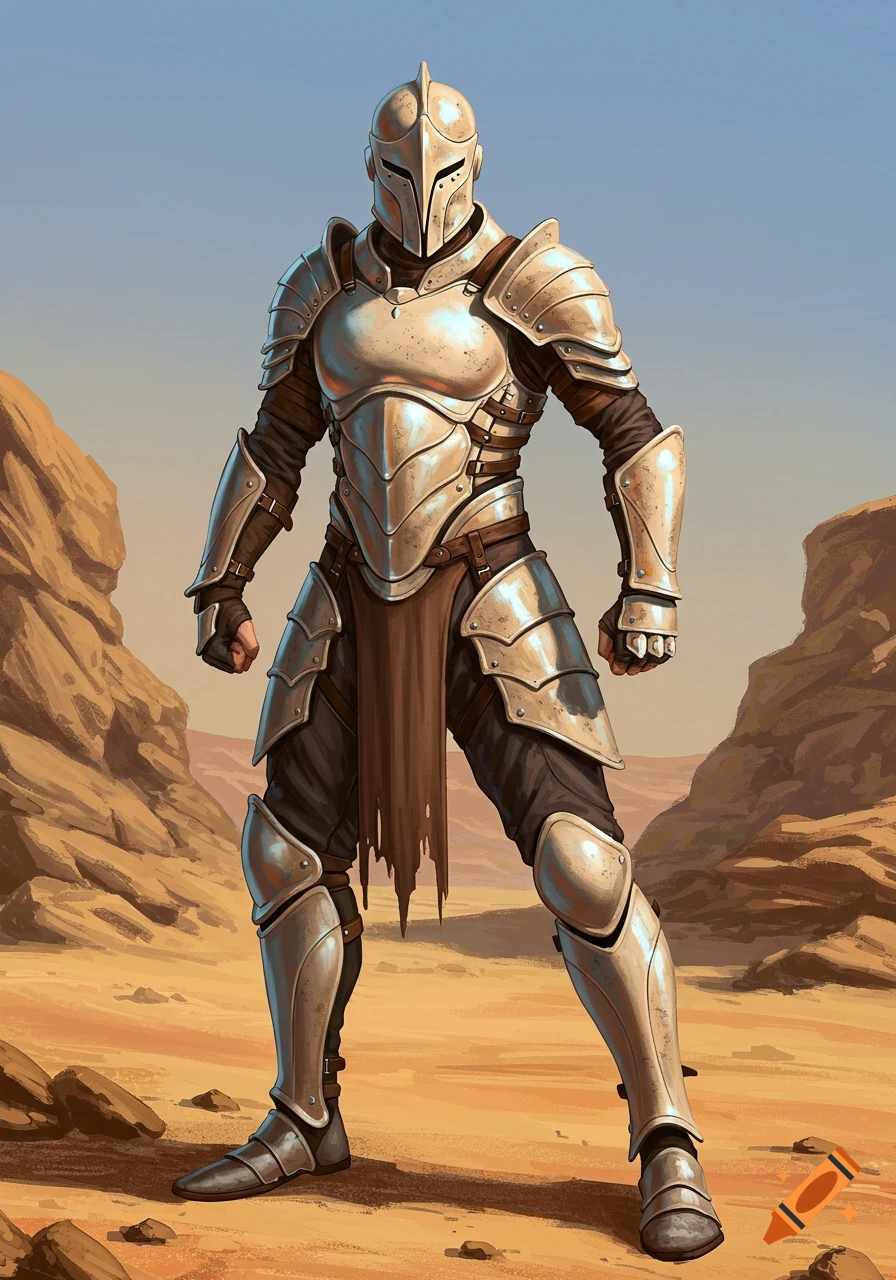 A fantasy warrior wearing ceramic armor stands in a rugged desert ...