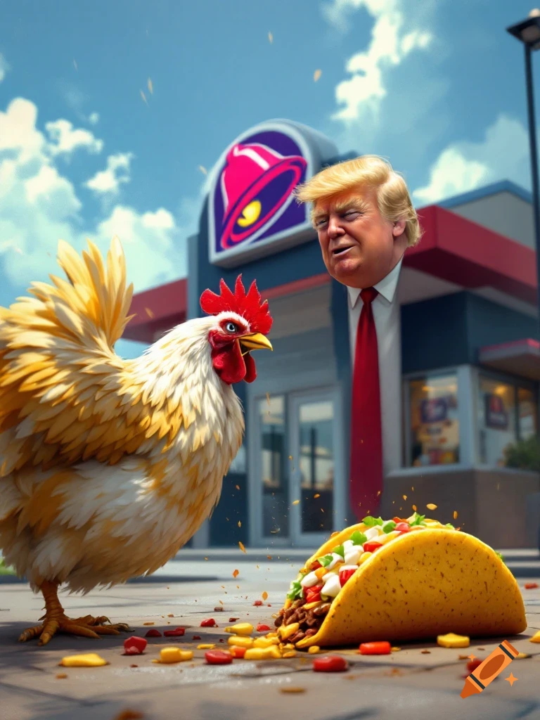 Giant chicken and Donald Trump's head fight over a taco outside Taco ...