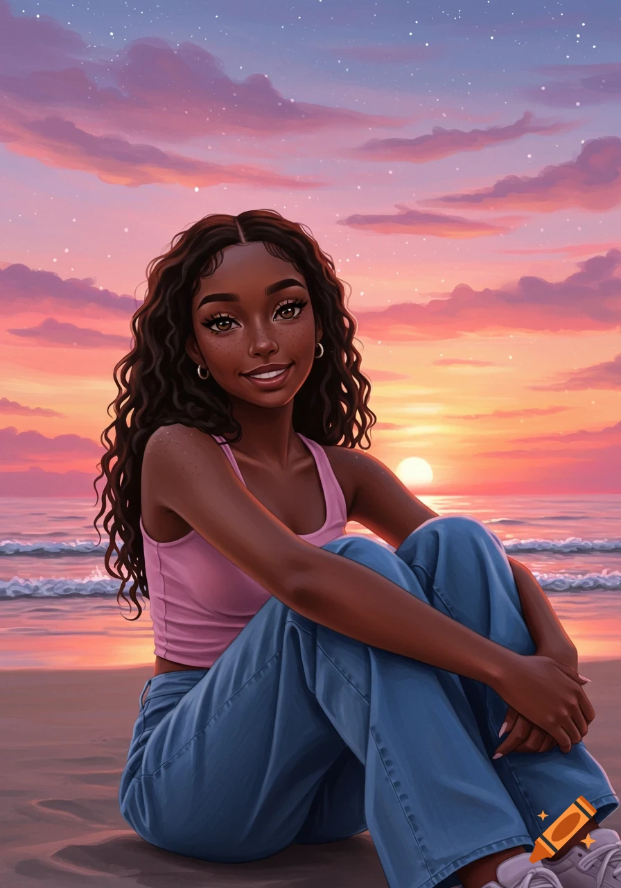 A young Black woman sits on a beach at sunset. She wears a pink tank top and blue jeans, smiling ...