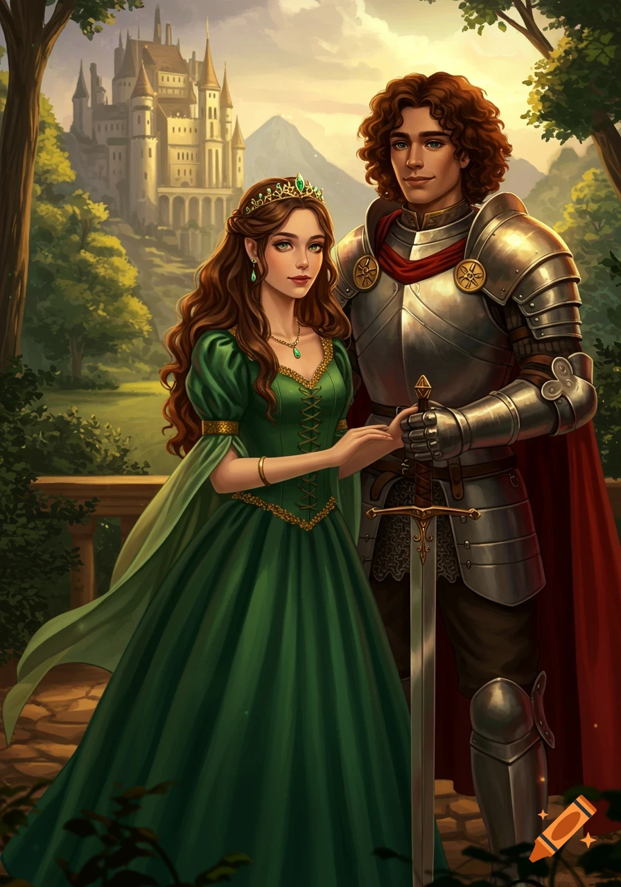 A fantasy illustration of a princess in a green dress and a knight in ...