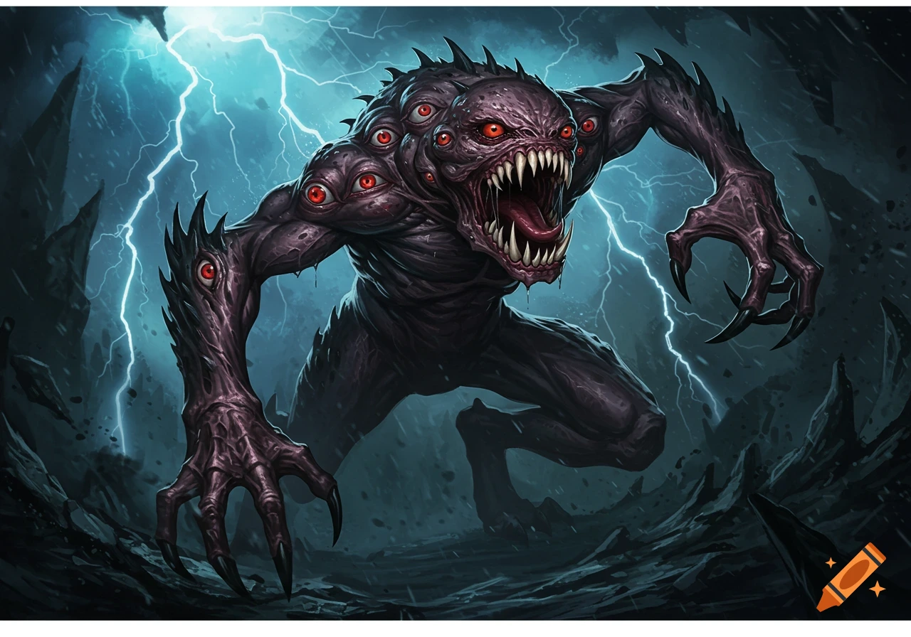 A monstrous creature with many red eyes, sharp teeth, and claws stands under lightning in a ...