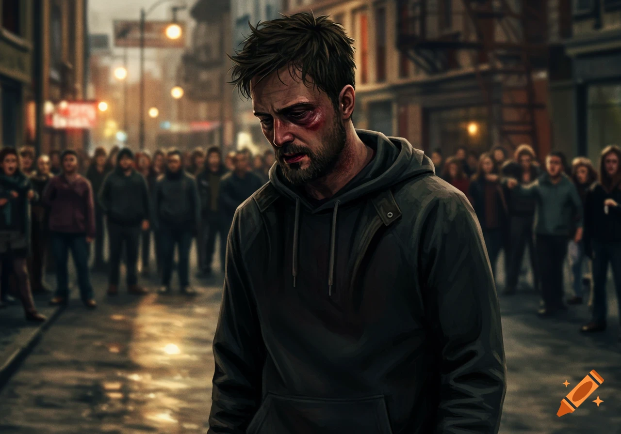 A man with a black eye and cut lip walks away from a jeering crowd on a ...