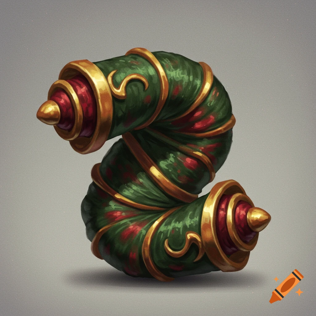 A stylized, curved decorative object in green, red, and gold on a grey ...