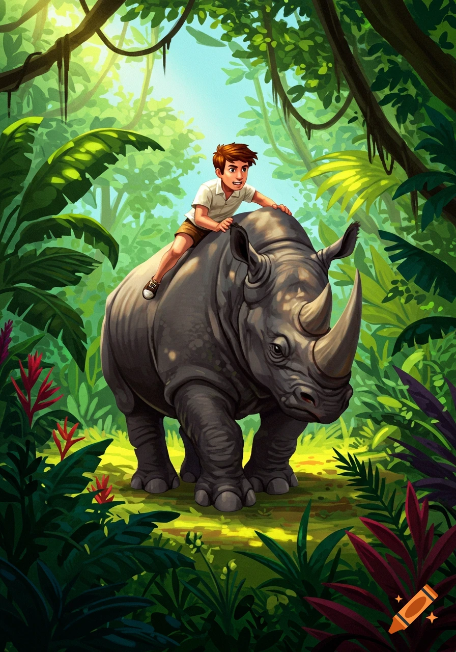 An illustration of a boy riding a large rhinoceros through a lush ...