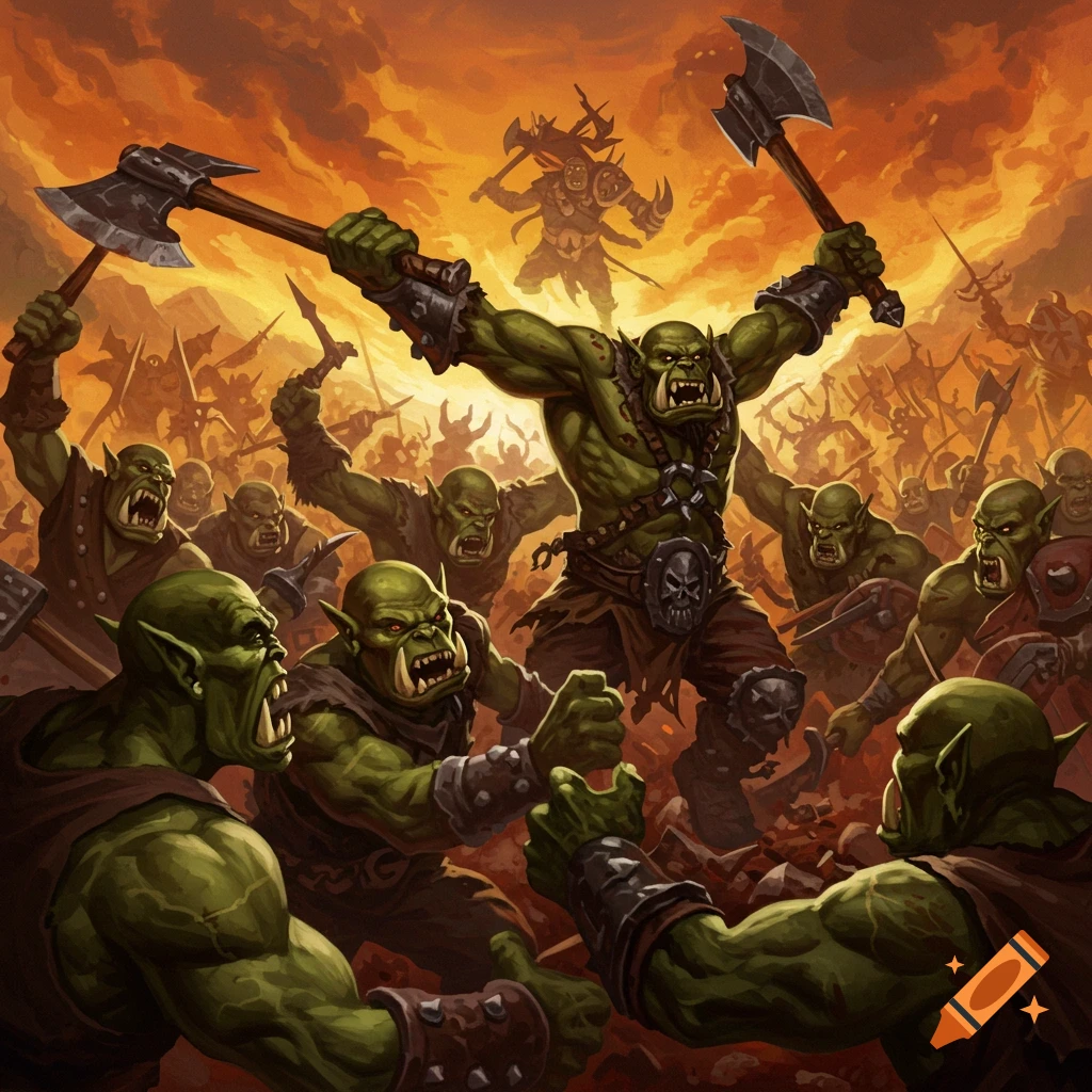 Fantasy illustration of orcs in battle wielding axes and weapons. on Craiyon