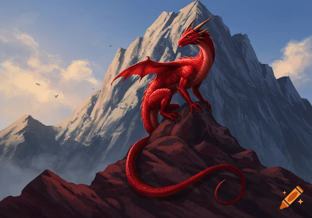 A red dragon perches on a mountain peak in a fantasy art style. on Craiyon