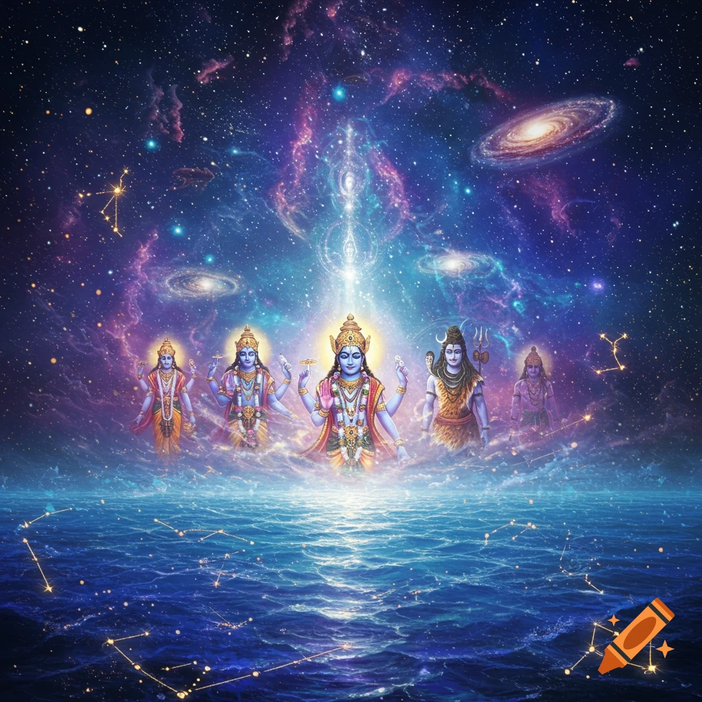 Hindu deities float above a cosmic ocean under a starry sky with ...
