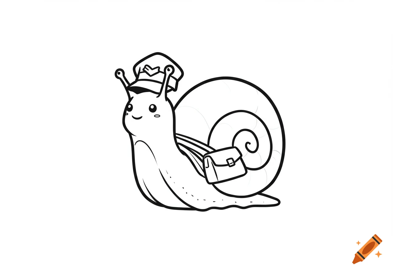 A cartoon snail wearing a mail hat and carrying a mail bag, line ...