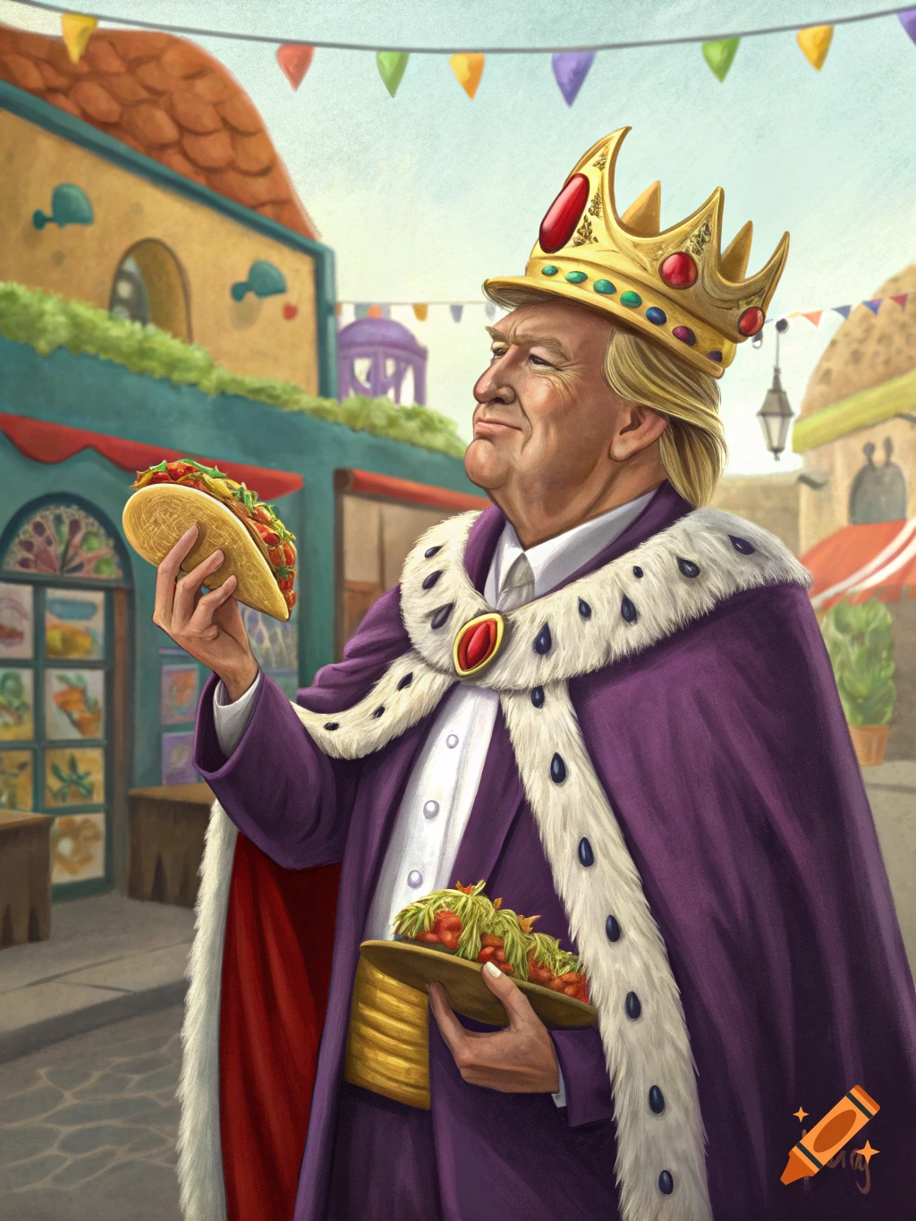 Illustration of Donald Trump dressed as a taco king, holding tacos in a ...