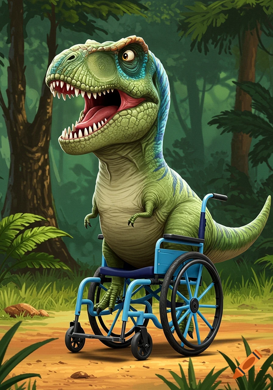 Cartoon illustration of a T-Rex dinosaur sitting in a blue wheelchair ...