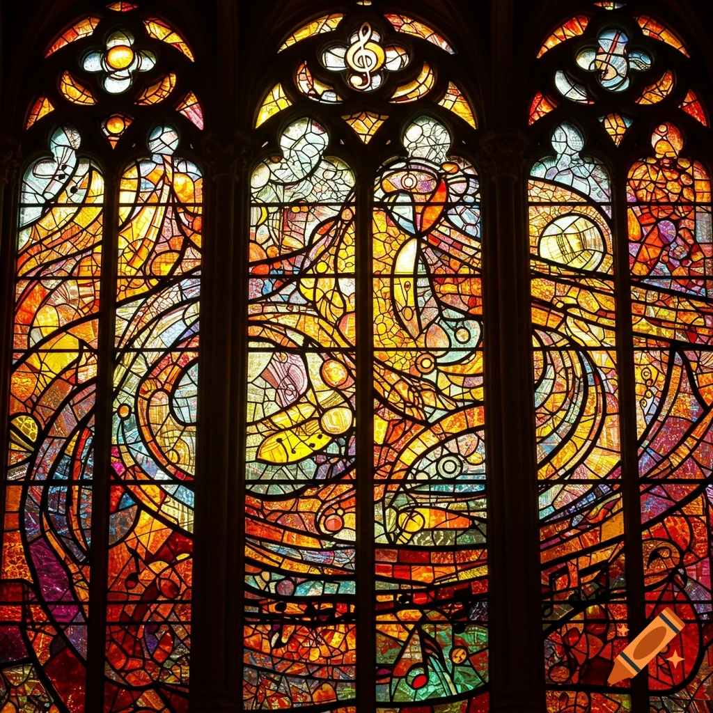 Colorful stained glass window featuring abstract patterns and musical ...
