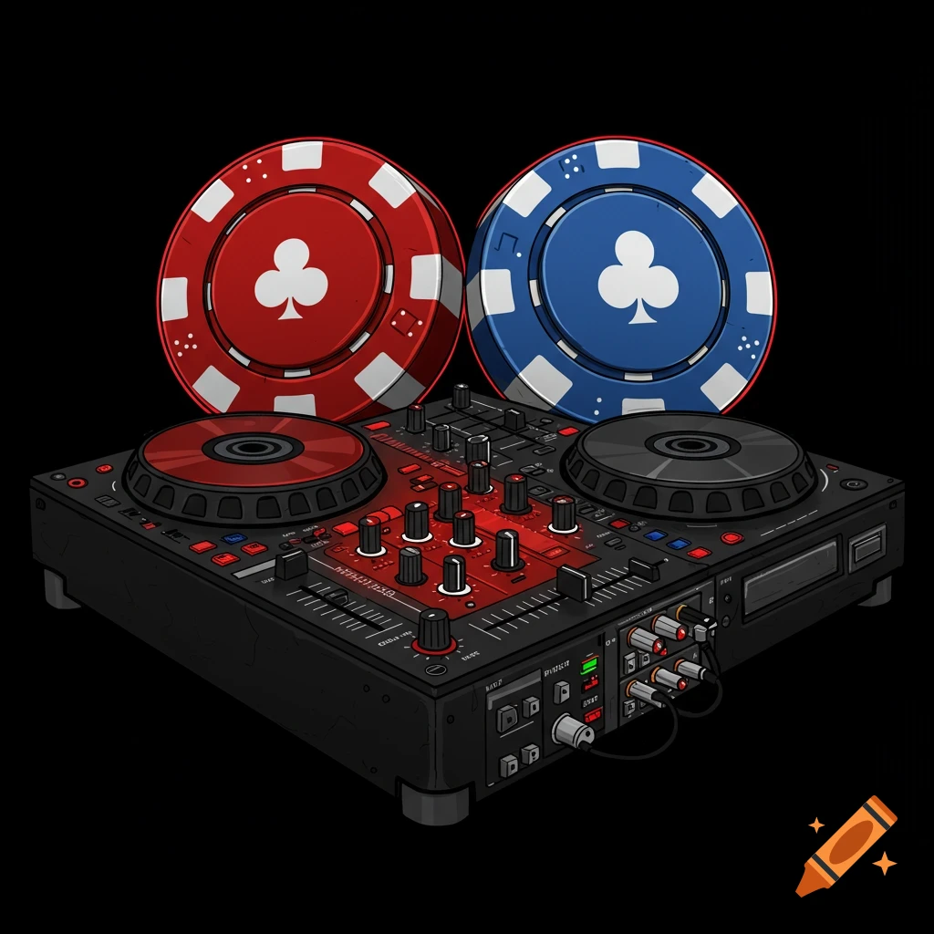 Stylized illustration of DJ decks with red and blue poker chips ...