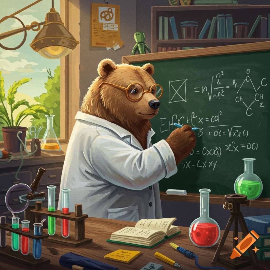 A bear scientist wearing glasses and a lab coat writes on a blackboard ...