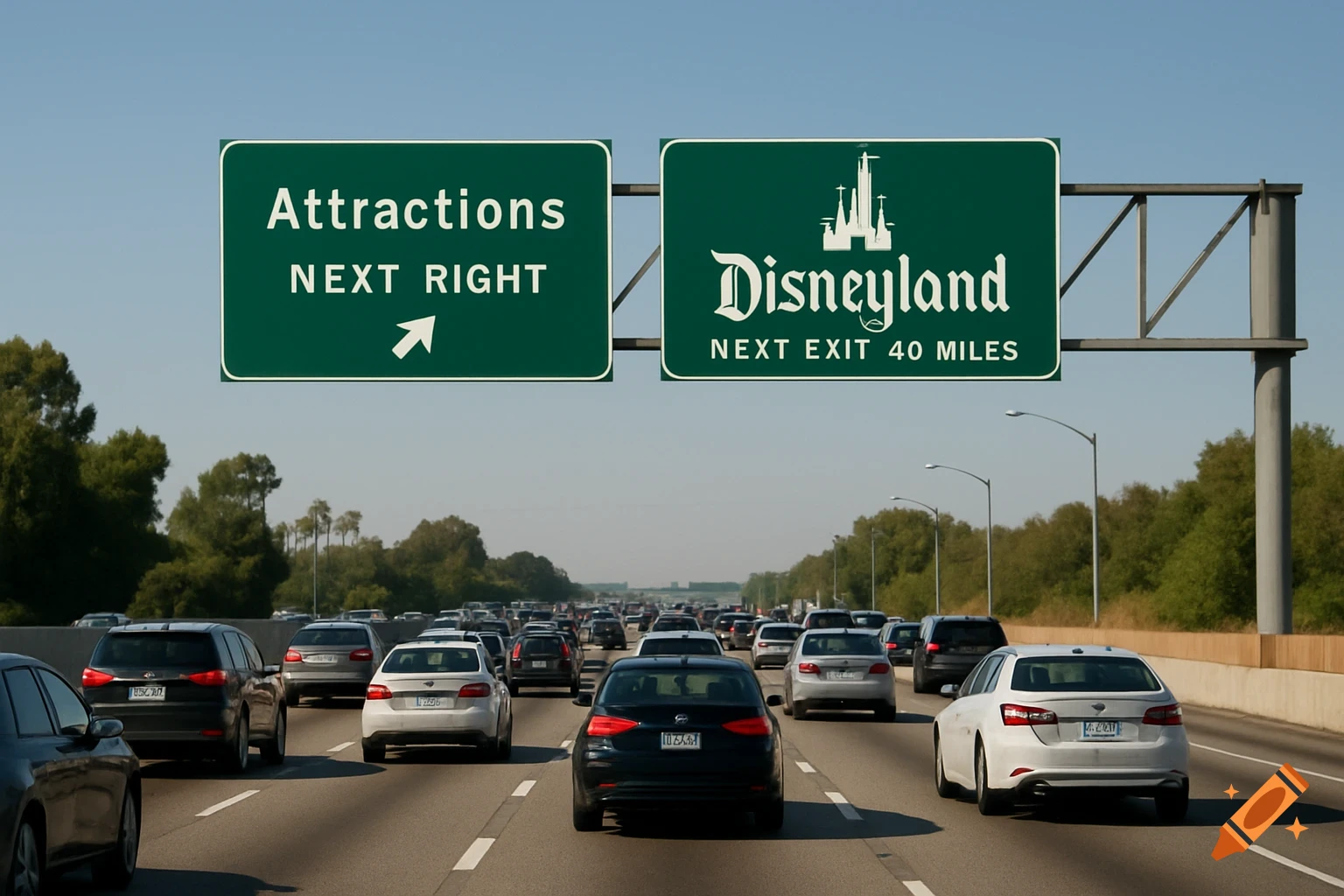 View of a highway with many cars and two green signs. One sign points ...