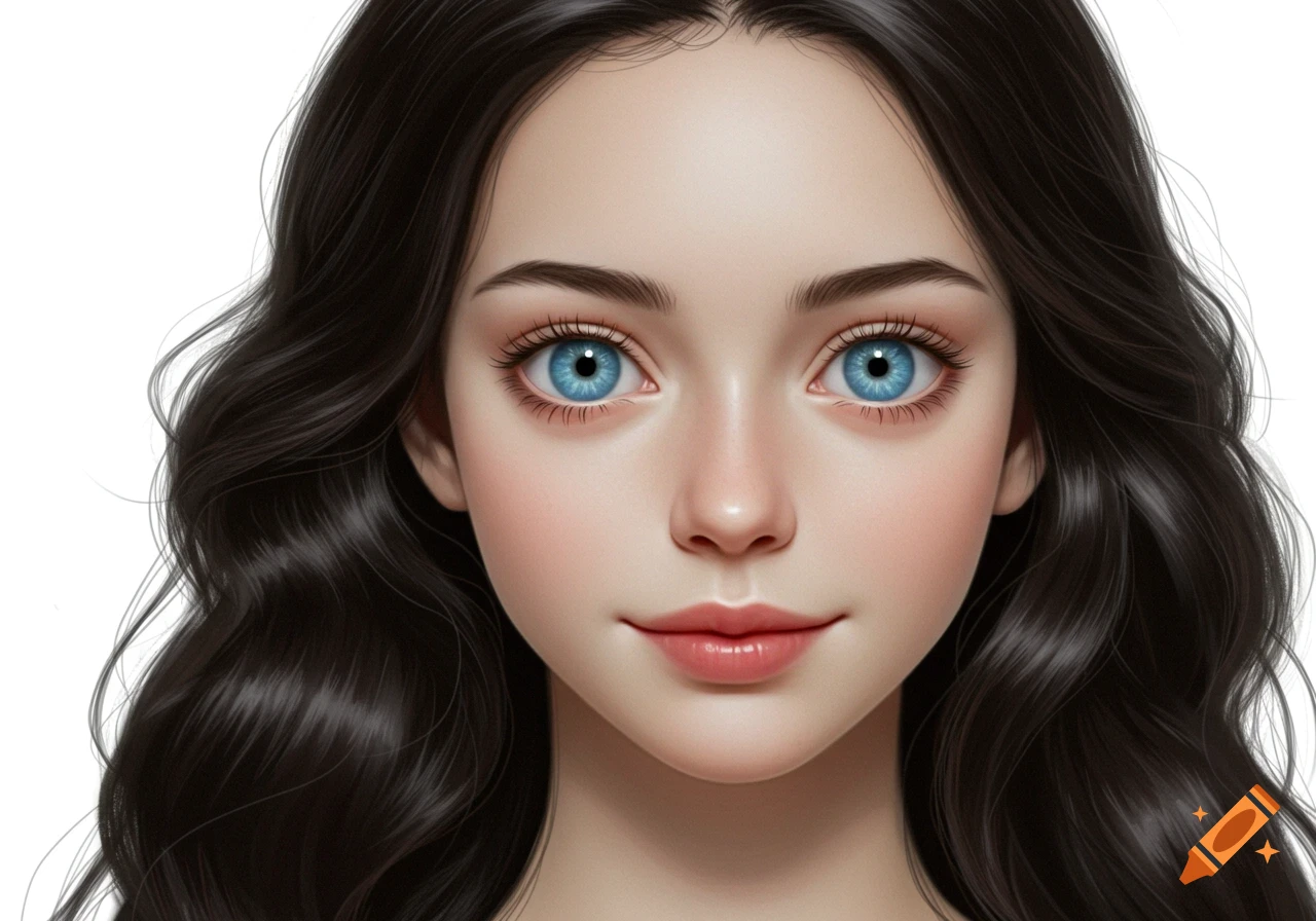 Close-up digital art portrait of a young woman with bright blue eyes and dark hair. on Craiyon