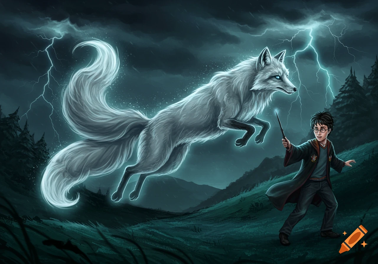 Harry Potter casts a spell conjuring a glowing fox patronus during a ...