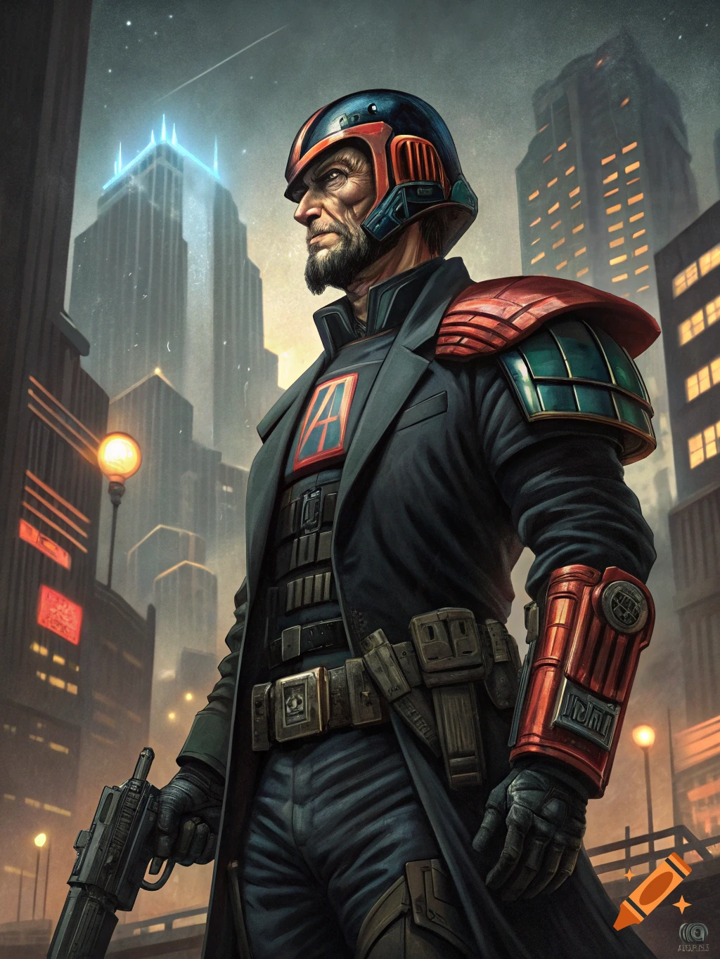 Judge Dredd-like character in helmet and uniform in a sci-fi city on ...