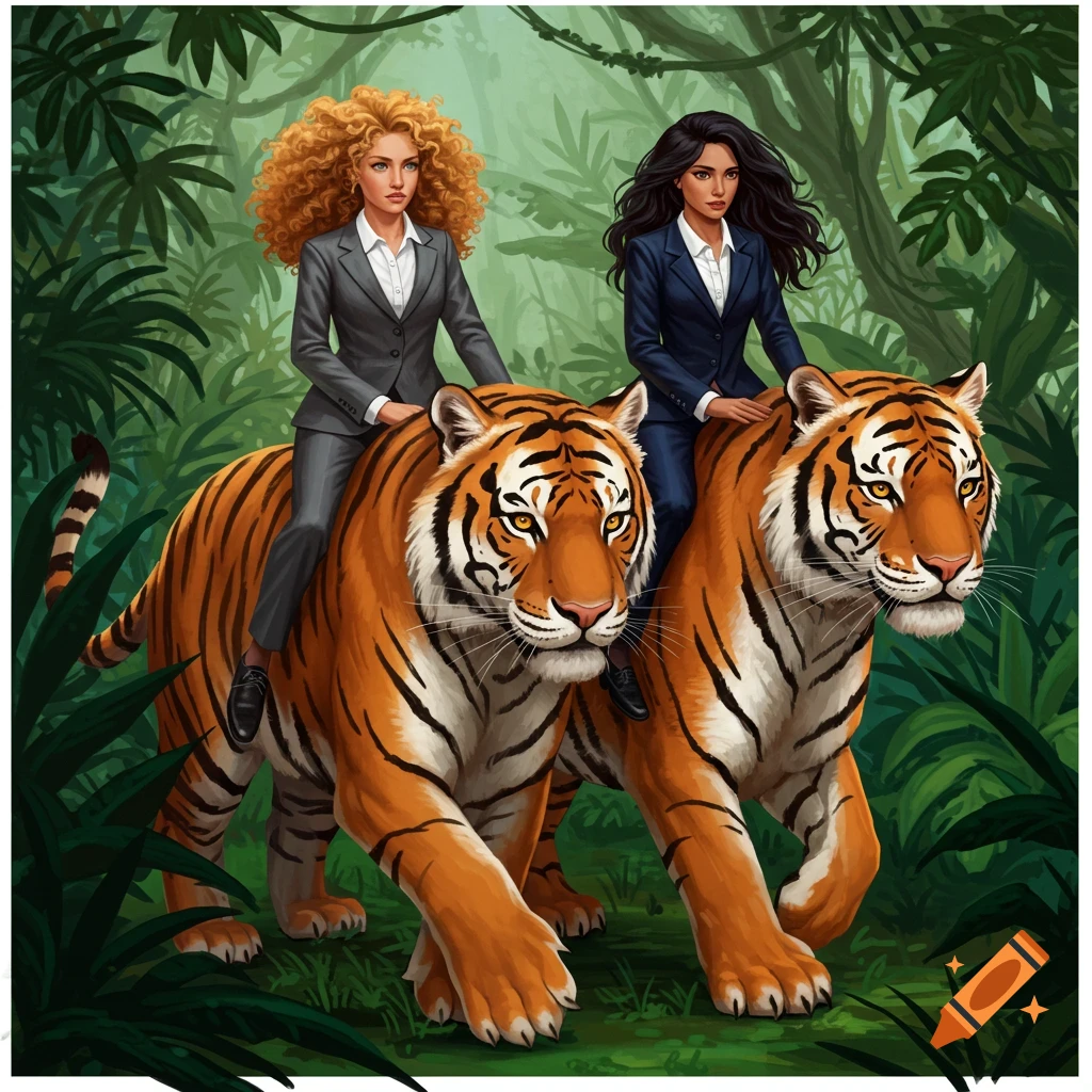 Two women in suits ride tigers through a jungle in an illustration. on ...