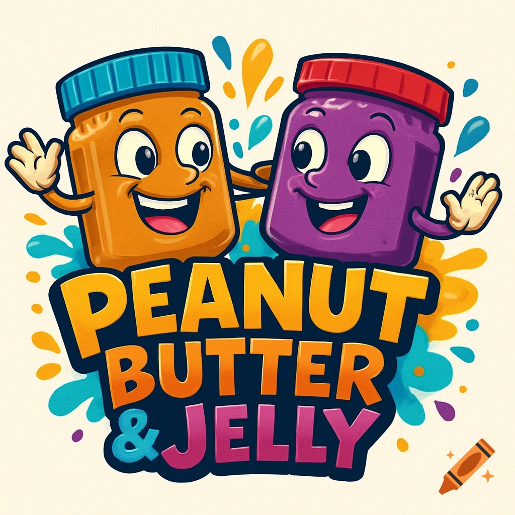A vibrant cartoon logo featuring smiling peanut butter and jelly jars ...