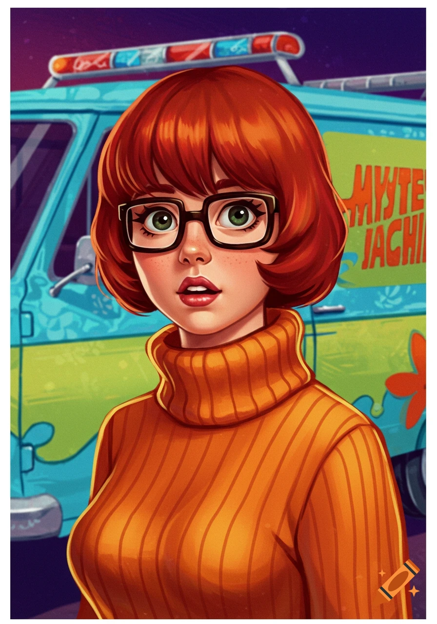 Stylized portrait of Velma from Scooby-Doo standing in front of the ...