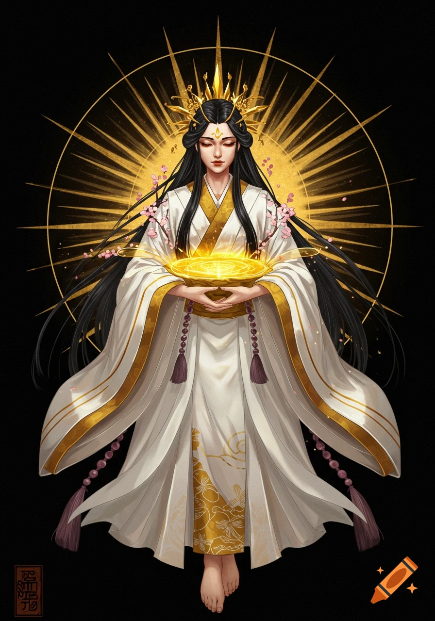 Woman in white and gold robes holding a glowing golden disc, with a sun ...