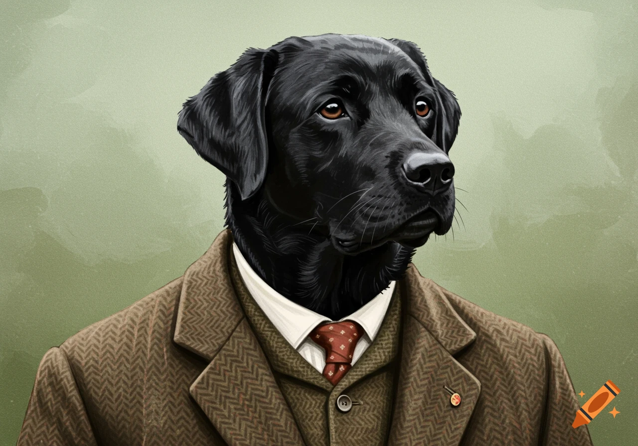 Portrait of a black Labrador retriever wearing a tweed jacket, white ...