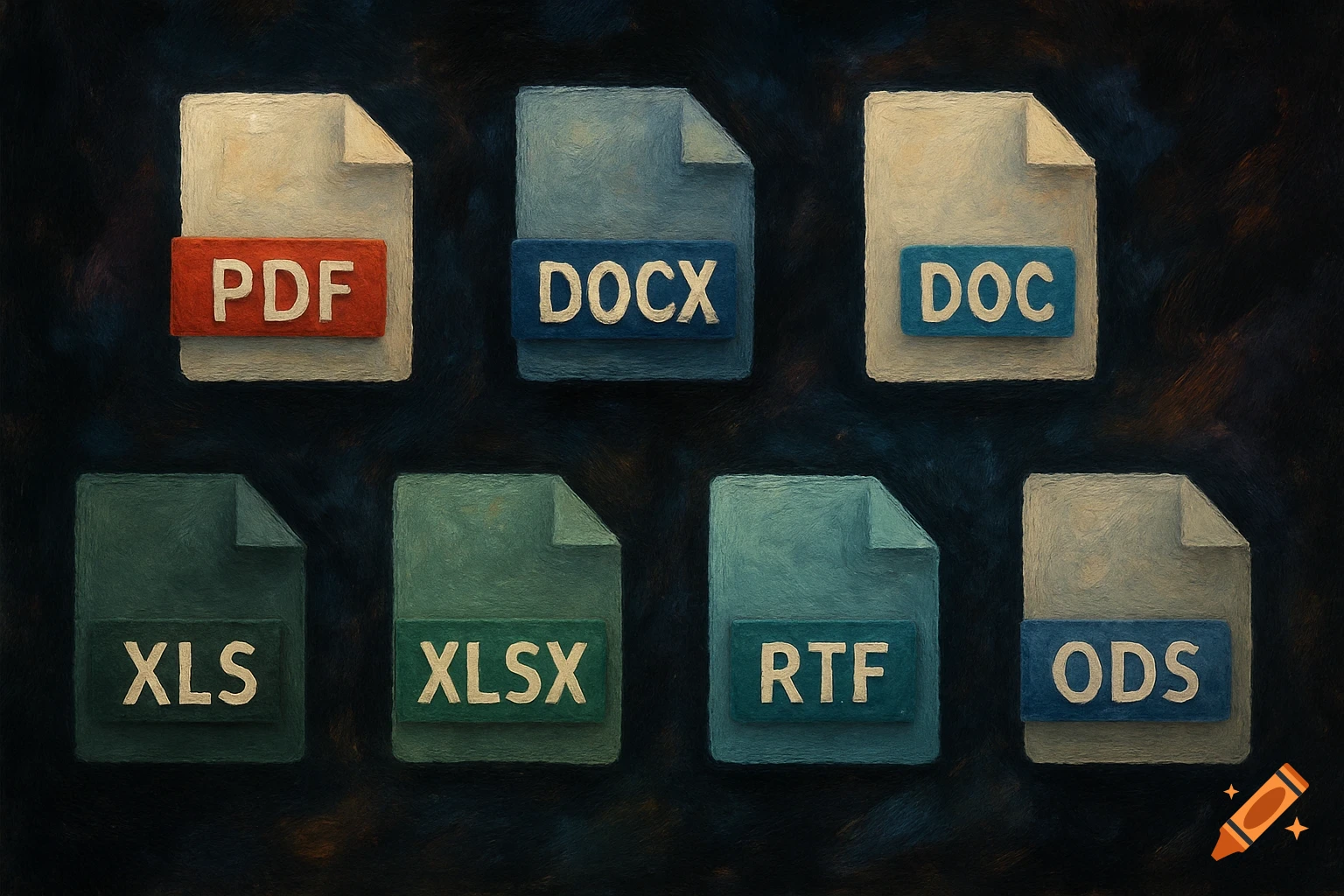 Stylized icons for PDF, DOCX, DOC, XLS, XLSX, RTF, and ODS file types ...