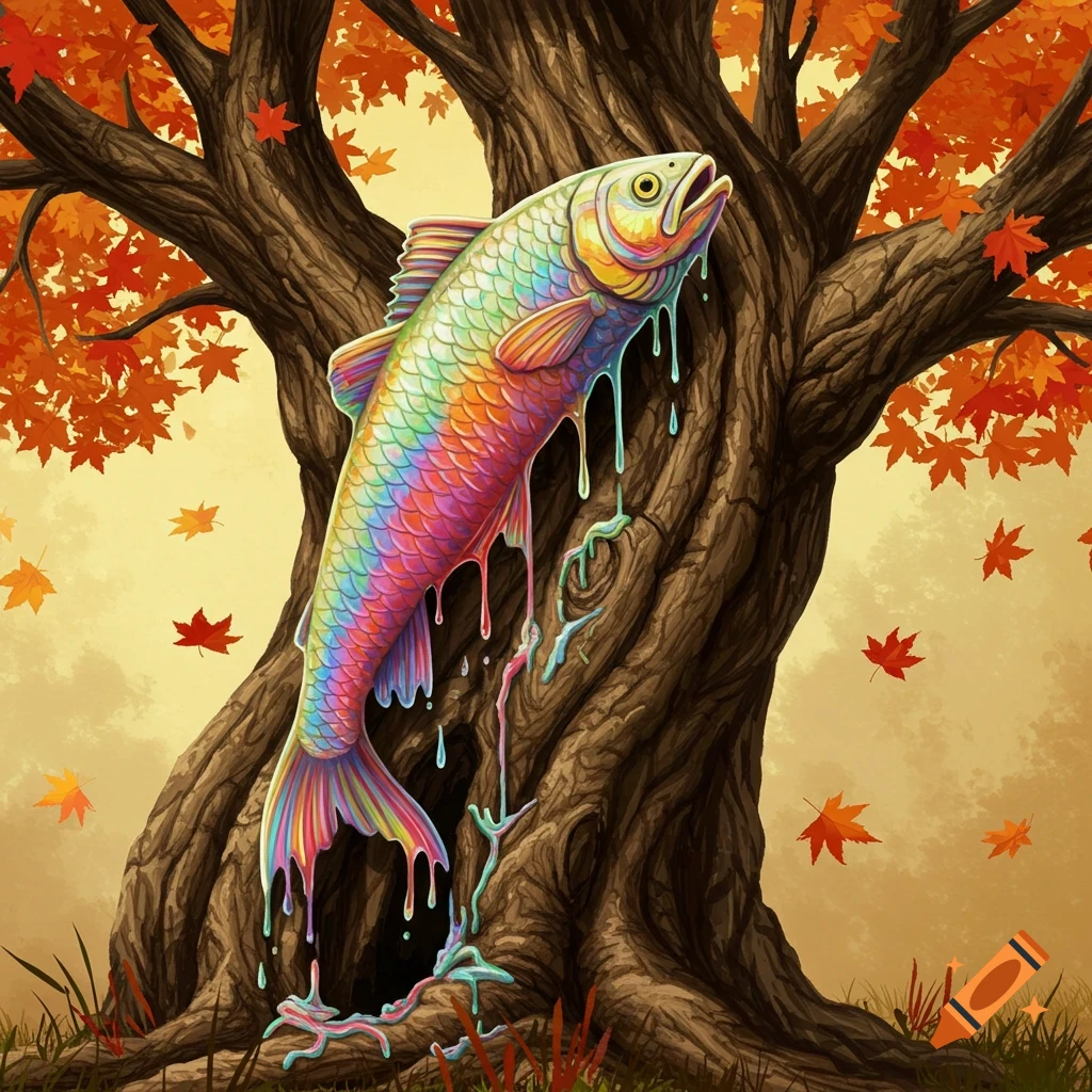 A colorful melting fish drips onto an autumn tree with falling leaves ...