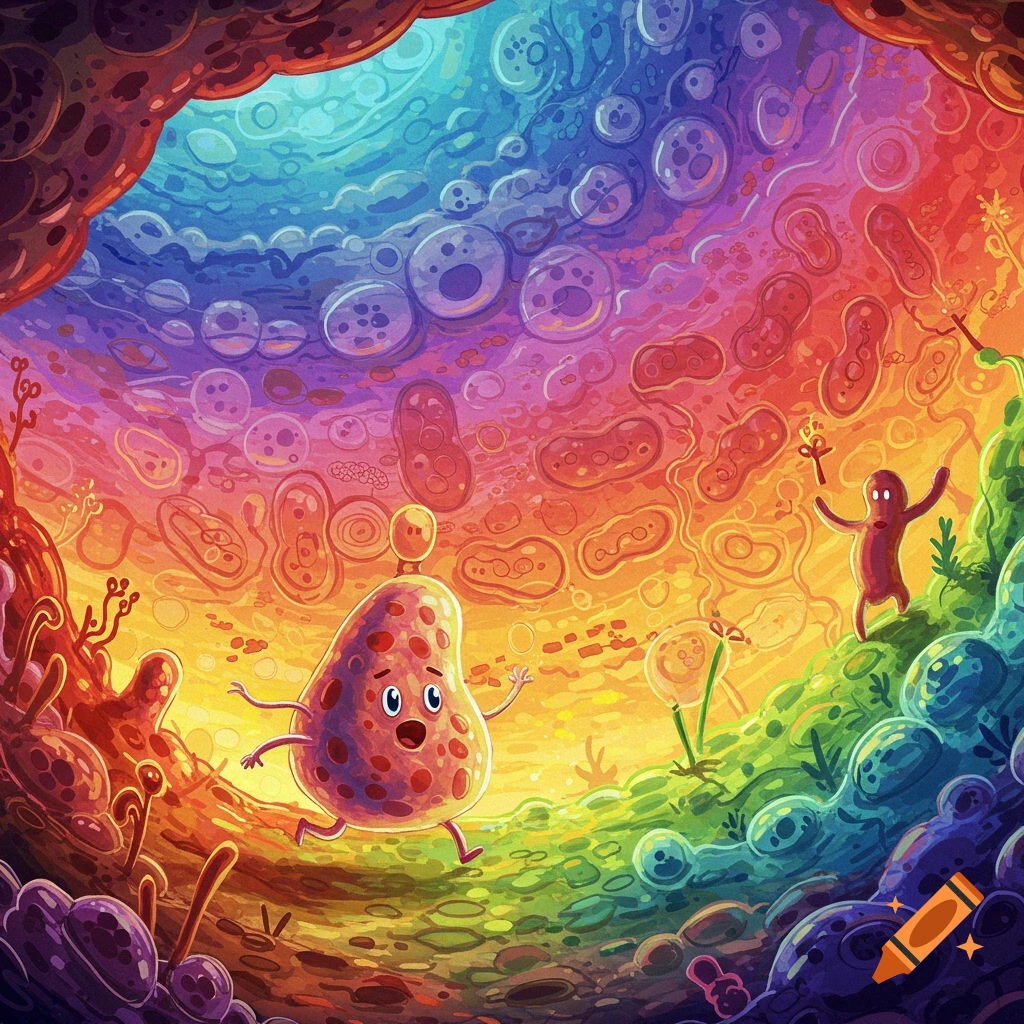 A vibrant, colorful cartoon illustration of anthropomorphic cells and ...