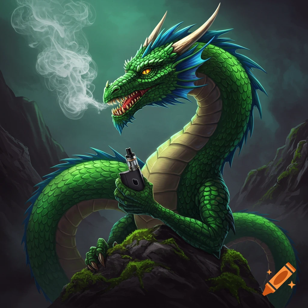 Illustration of a green dragon vaping on a rock. on Craiyon