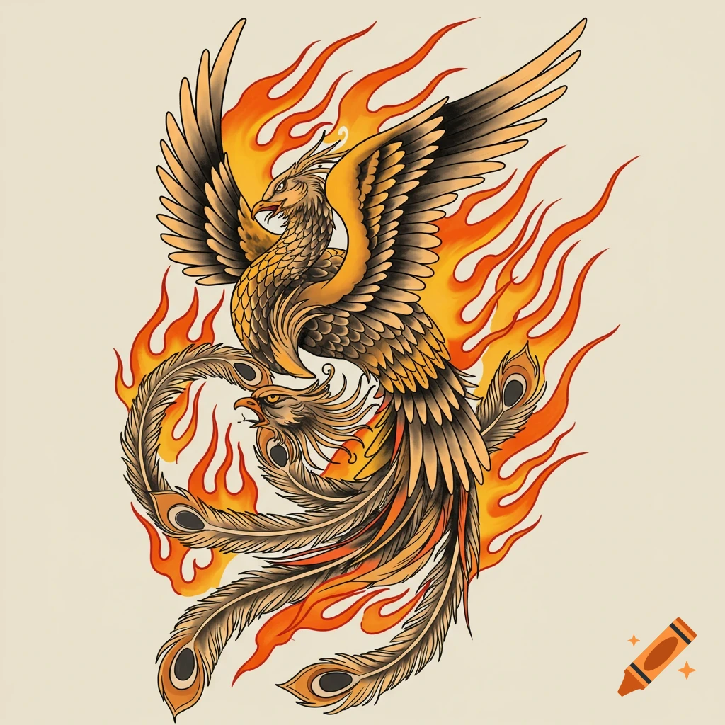 Tattoo drawing of a phoenix bird rising from flames. on Craiyon