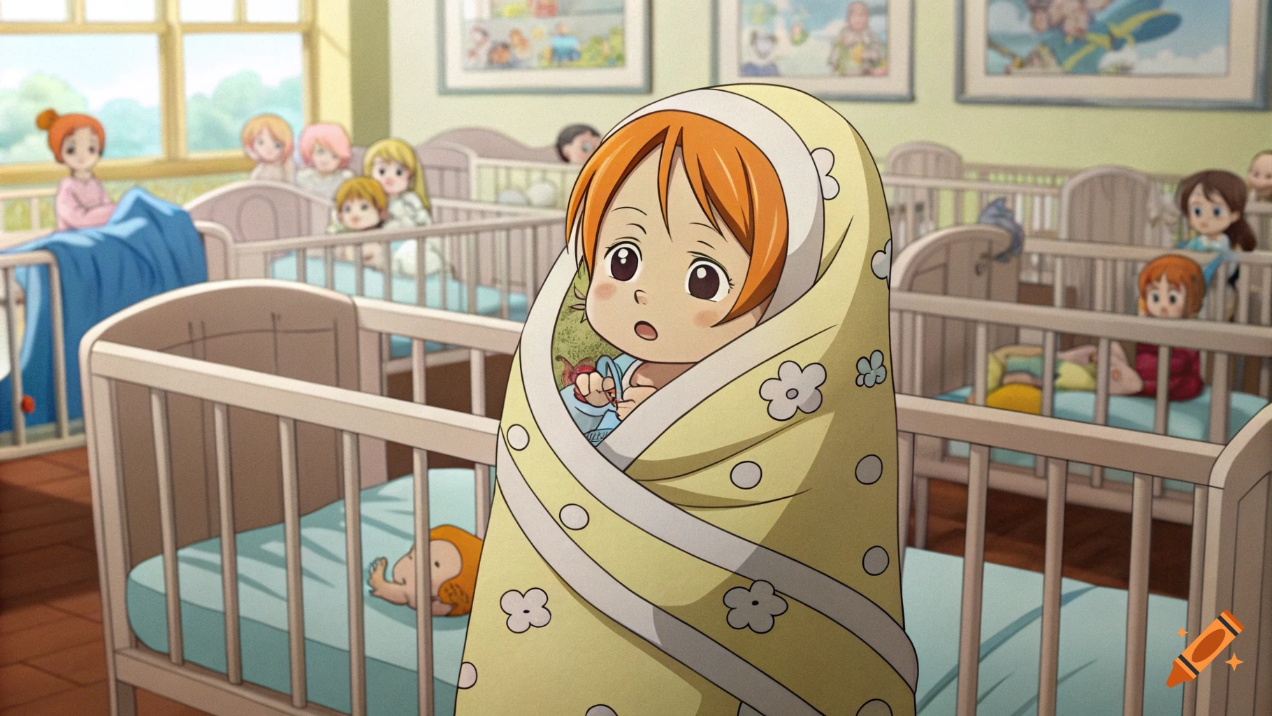 Anime illustration of a baby wrapped in a blanket in a nursery filled ...