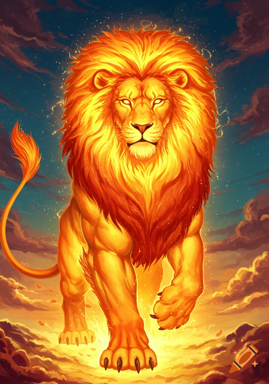 Powerful lion deity glowing like the sun walks through clouds. on Craiyon
