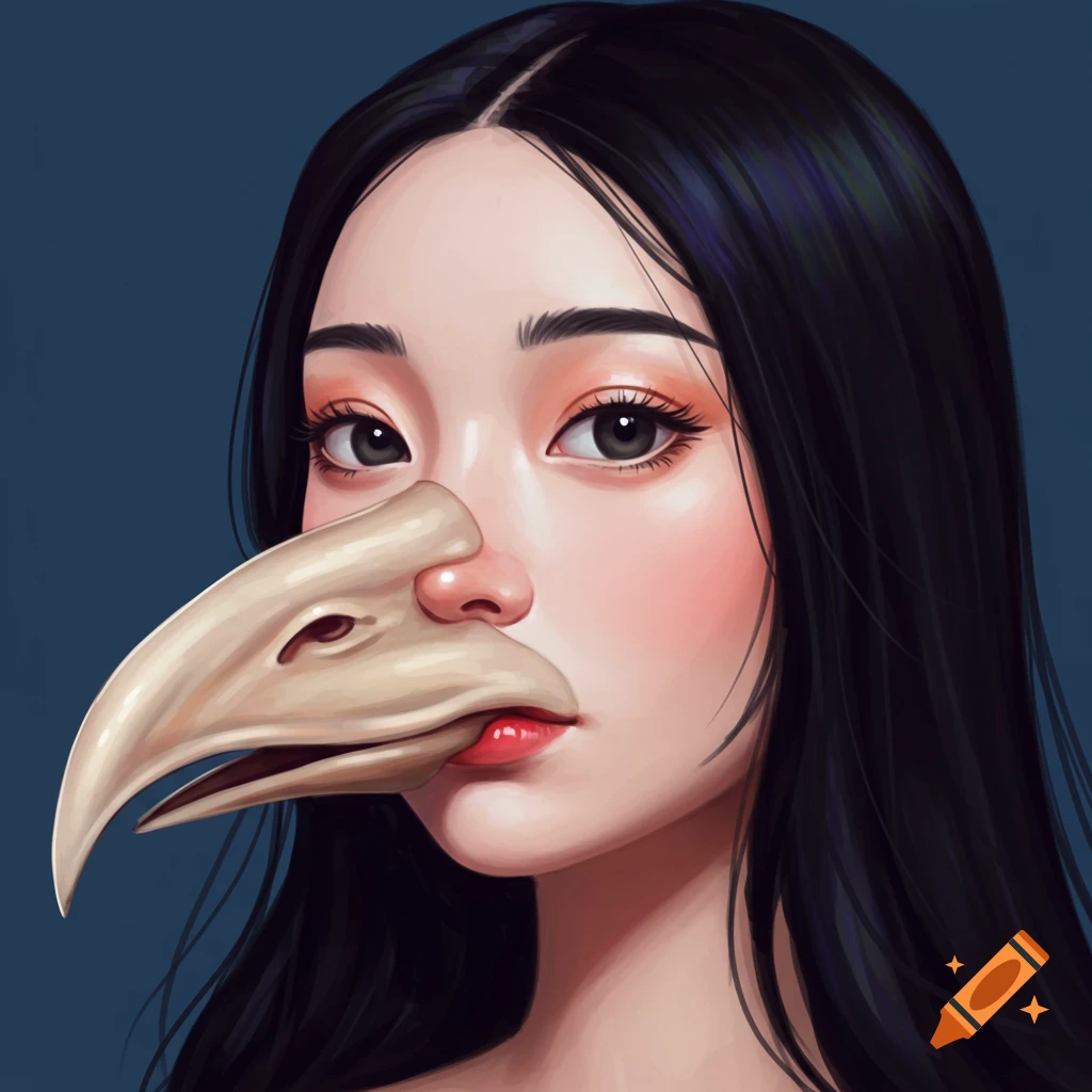 Stylized portrait of a woman with a bird beak covering her nose and ...